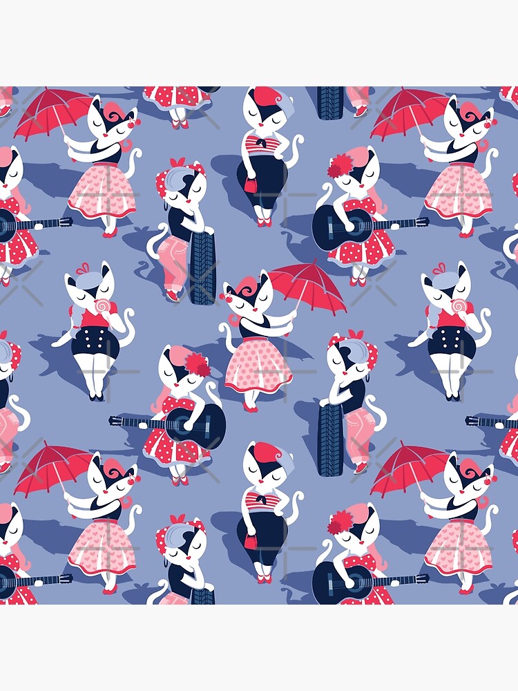 "Rockabilly cats // indigo blue background white pin-up cats in fancy ...