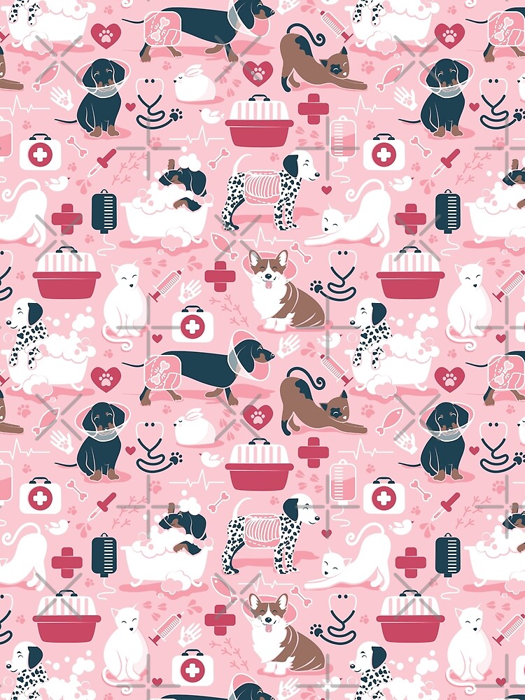 "Veterinary medicine, happy and healthy friends // pink background red ...