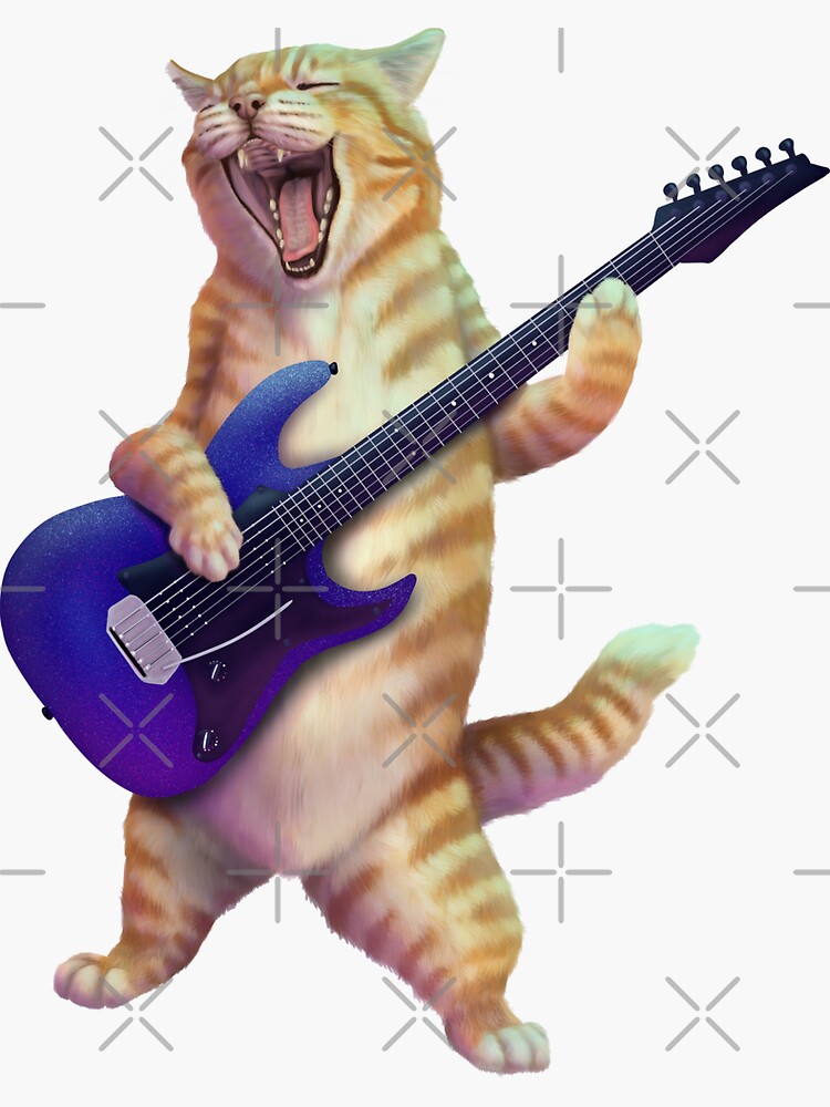"Guitar Cat- Rock band kitty playing the electric guitar" Sticker for ...