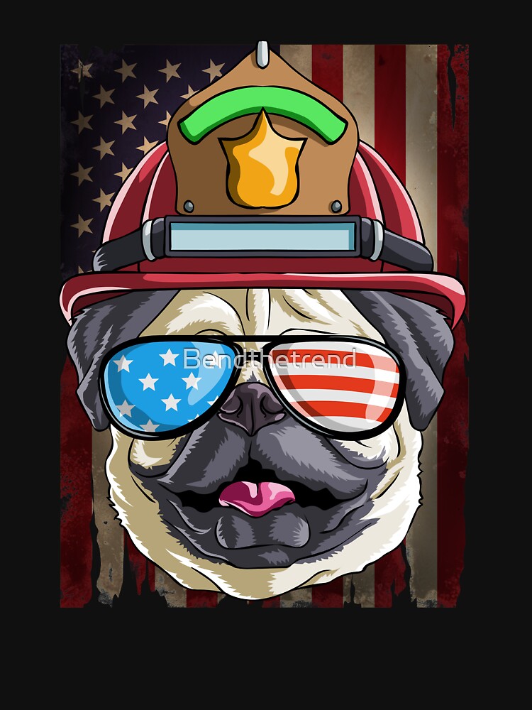 "Firefighter Pug US Flag on 4th Of July" T-shirt by Bendthetrend ...