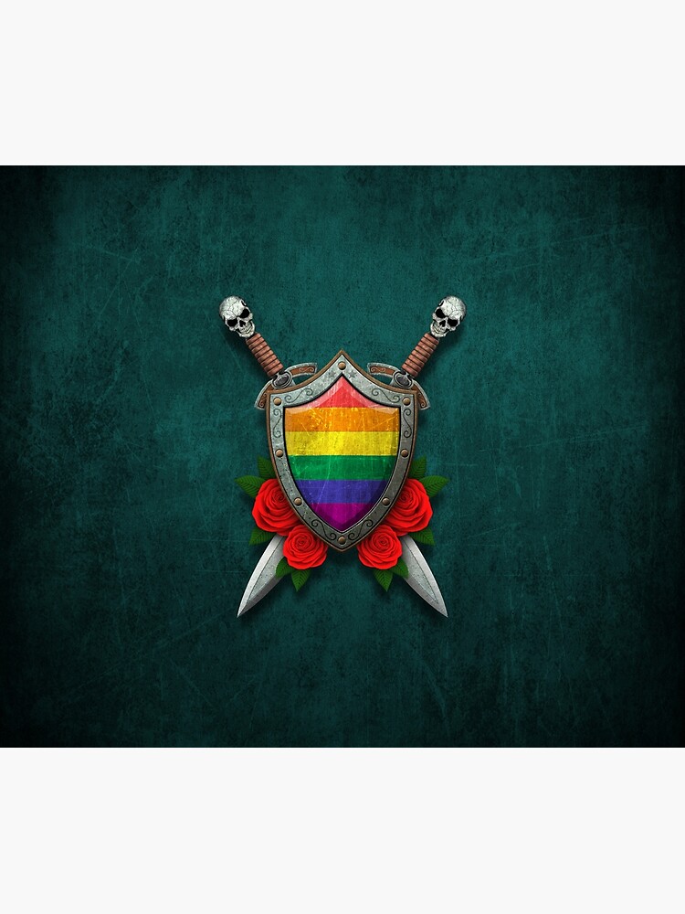 "Gay Pride Rainbow Flag on a Worn Shield and Crossed Swords" Tapestry ...