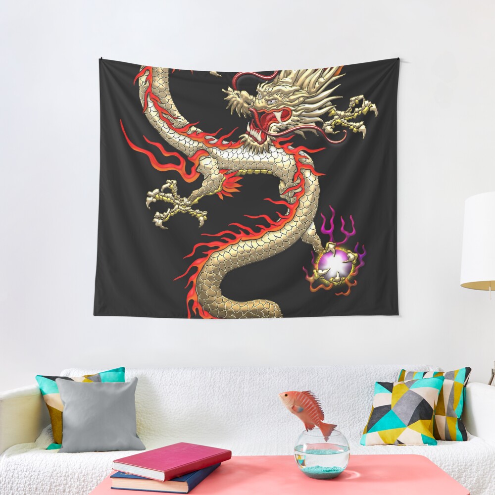 "Golden Chinese Dragon Fucanglong on Black " Tapestry for Sale by ...