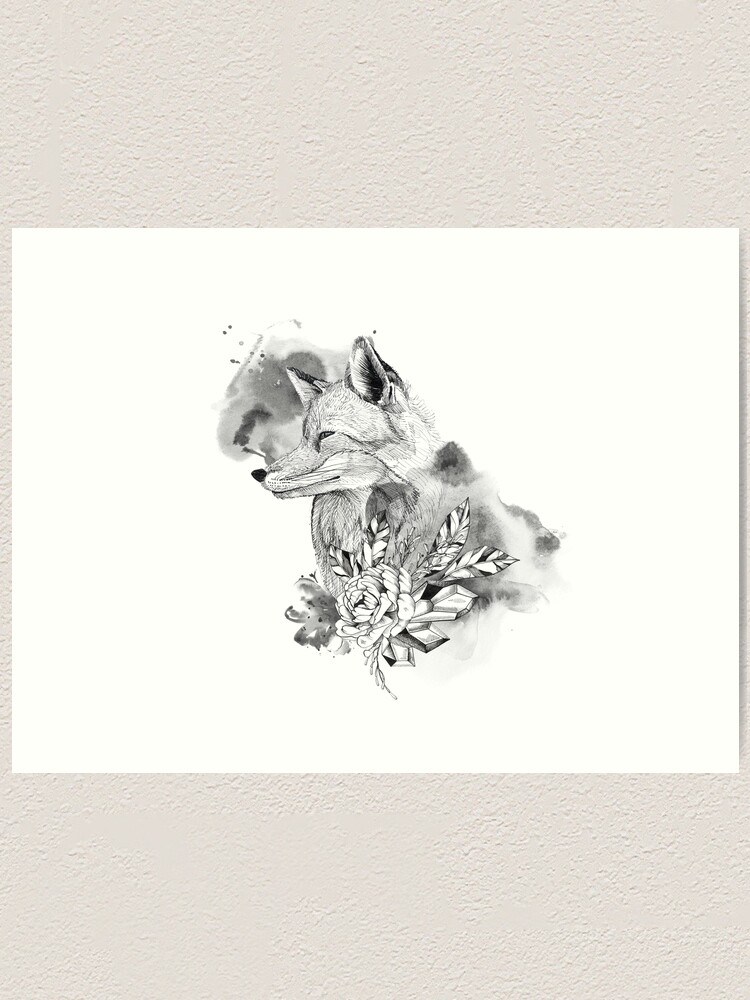 "Linework Tattoo Fox with Peony and Crustals" Art Print by Zelenkova ...