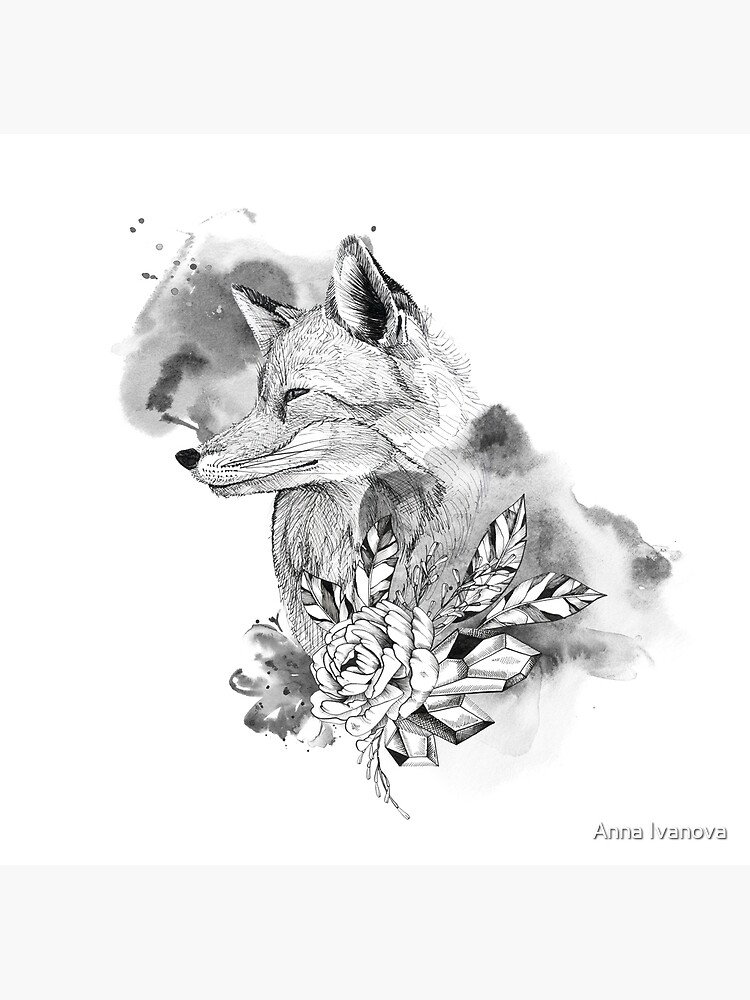 "Linework Tattoo Fox with Peony and Crustals" Art Print by Zelenkova ...