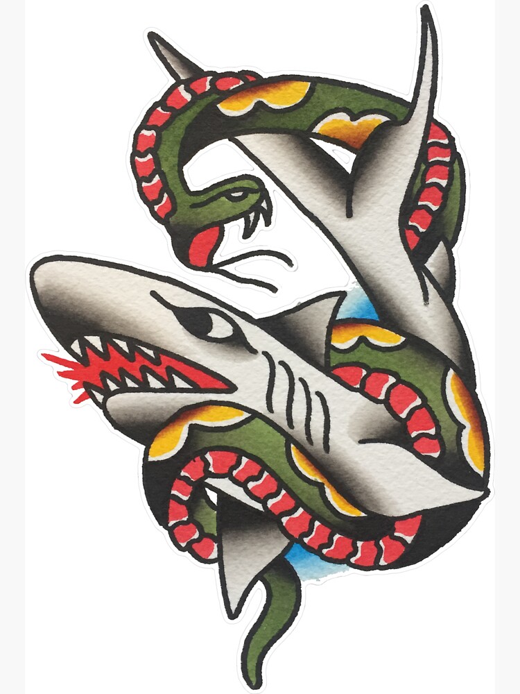 "Traditional Shark and Snake in Battle Tattoo Design" Magnet by F-T-T ...