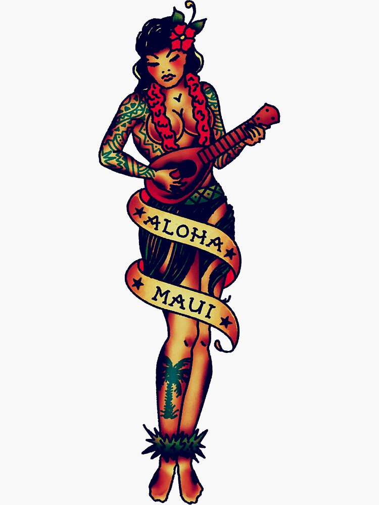 "Hula Girl Pinup - Aloha Maui" Sticker for Sale by JamesShannon | Redbubble