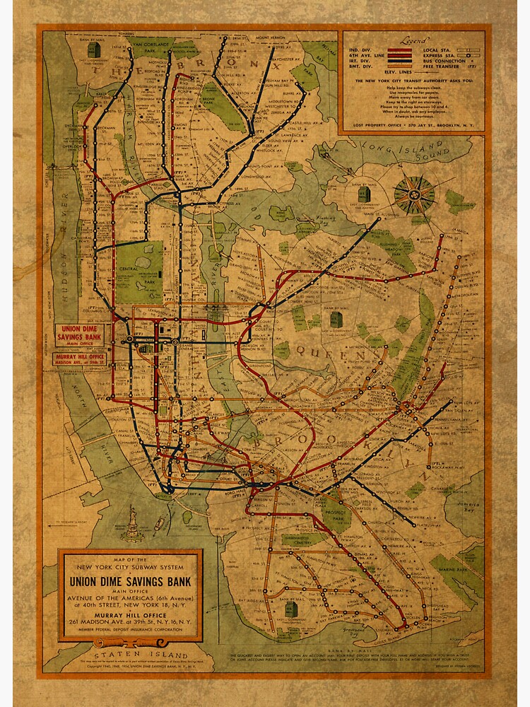"Vintage Map of New York City Subway 1954" Sticker by map-lover | Redbubble