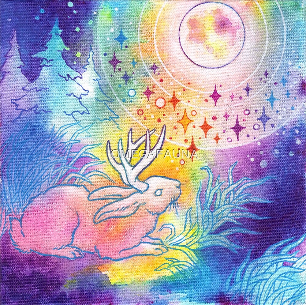 "Jackalope of the Night | Rainbow Moon Painting" by OMEGAFAUNA | Redbubble