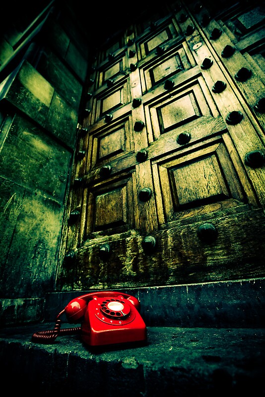 "Retro red phone outside a spooky wooden door" by Sharonroseart | Redbubble