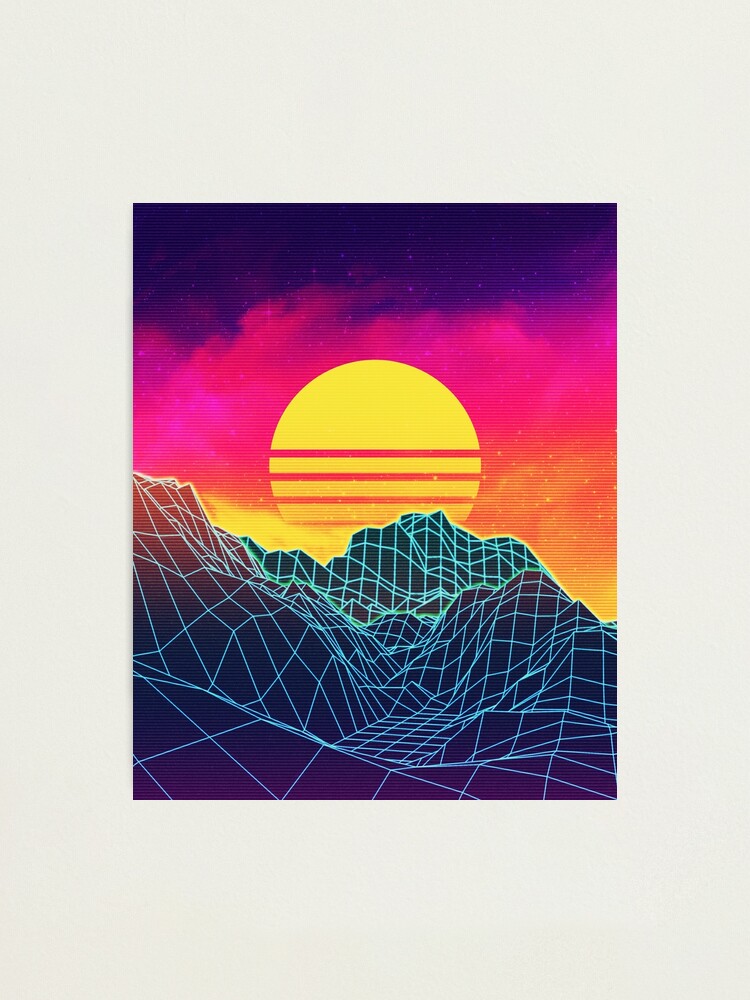 "Neon glowing sun grid mountain retro 80s design" Photographic Print ...