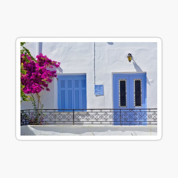 "White house with blue windows and bougainvillea" Sticker for Sale by ...