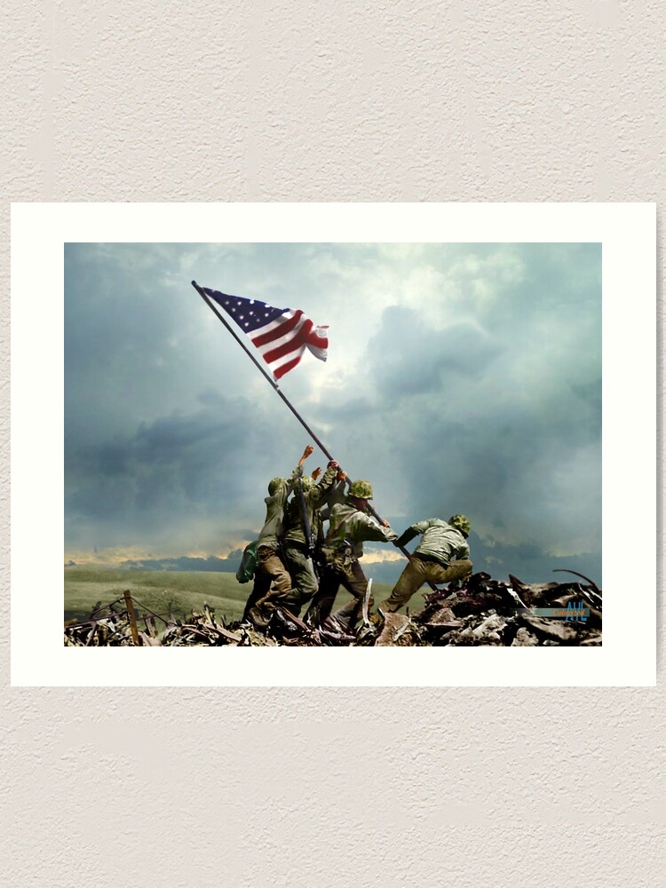 "US flag being raised by US Marines on Mt. Suribachi in Iwo Jima ...
