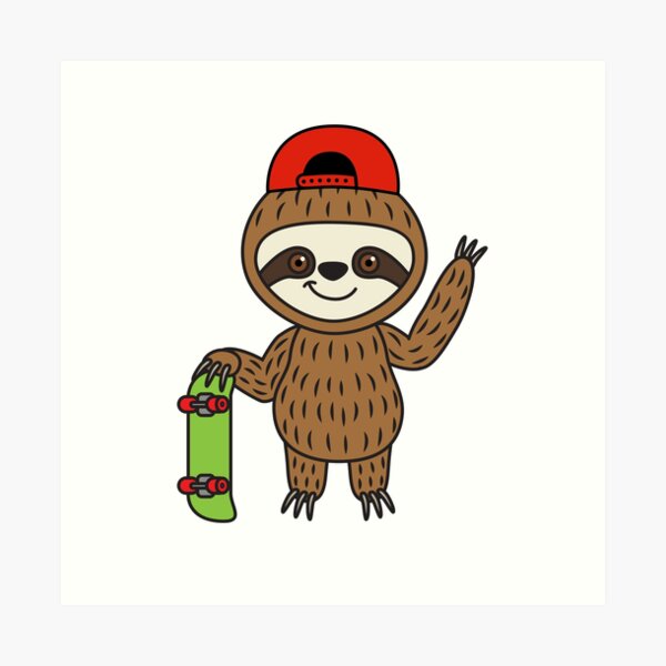 "Skate Sloth Waving Hello Funny Cartoon skater skateboarding Cute ...