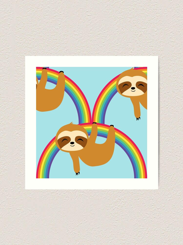 "Sloth on Rainbow, Cute Baby Sloths hanging on Rainbow" Art Print by ...
