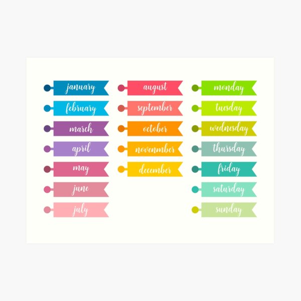 "Colorful Calendar Months and Days of The Week Planner Scrapbook ...