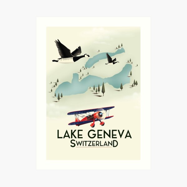 "lake geneva Switzerland map travel poster" Art Print by vectorwebstore ...