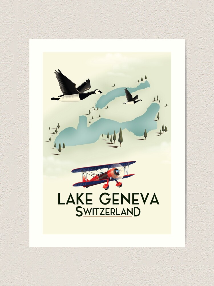 "lake geneva Switzerland map travel poster" Art Print by vectorwebstore ...