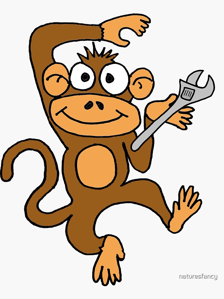 "Funny Monkey Wrench Satire Cartoon" Sticker by naturesfancy | Redbubble