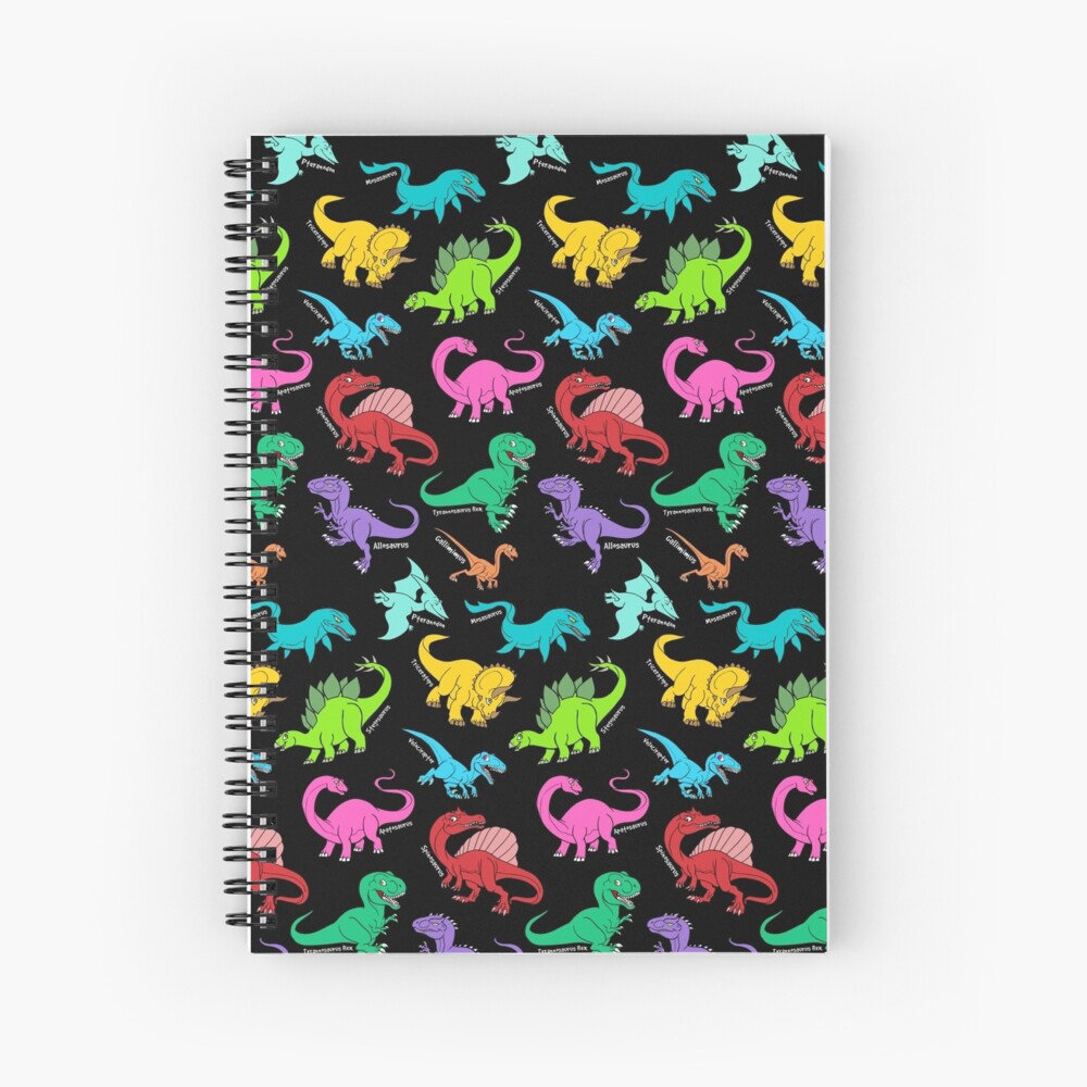"Dinosaurs rainbow pattern blue background" Spiral Notebook by ...