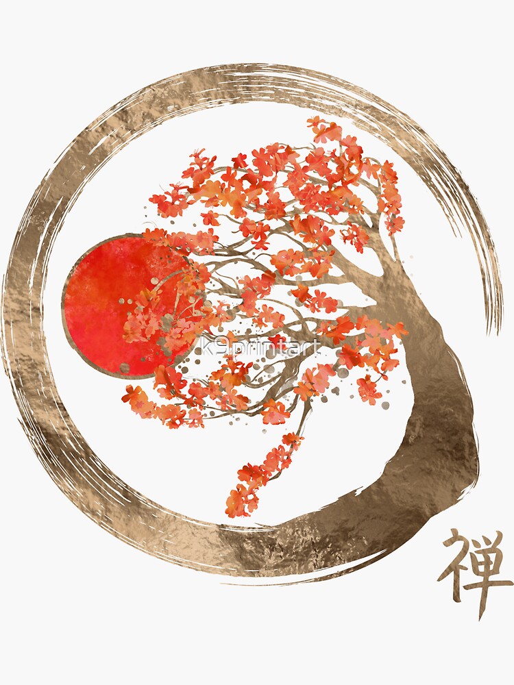 "Zen Enso Circle and Golden Sakura Tree" Sticker for Sale by k9printart | Redbubble