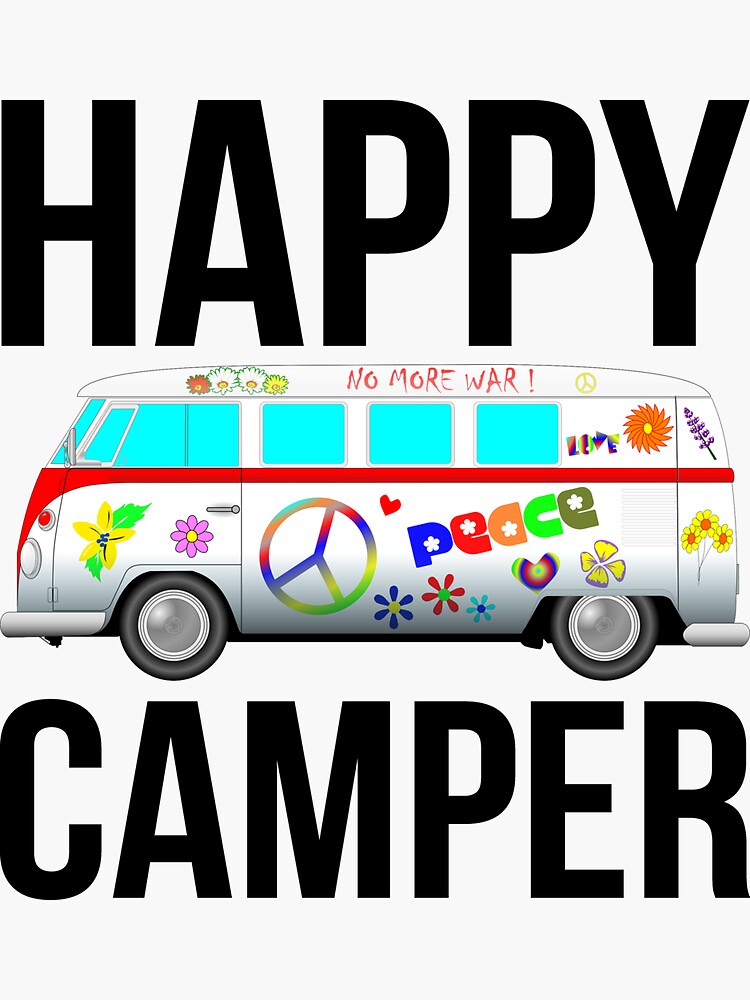 "Happy Camper Camping Van Peace Sign Hippies 1970s Campers" Sticker by ...