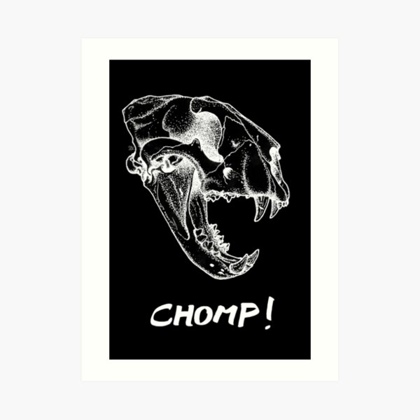 "Chomp - toothy cave lion skull (white on black version)" Art Print by ...