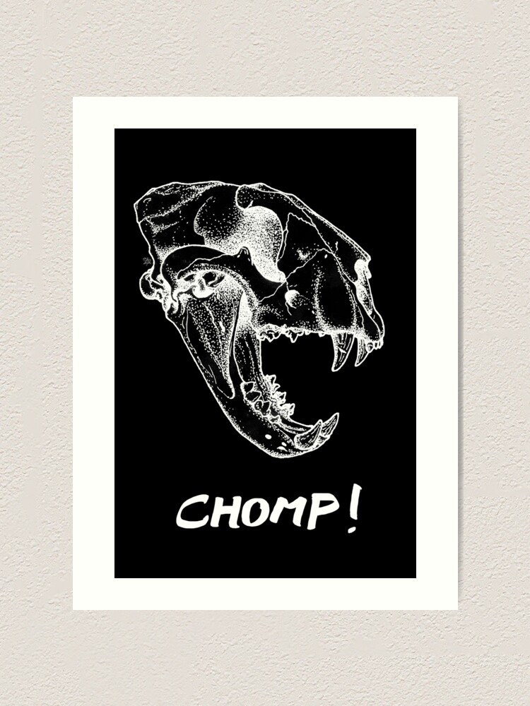 "Chomp - toothy cave lion skull (white on black version)" Art Print by ...