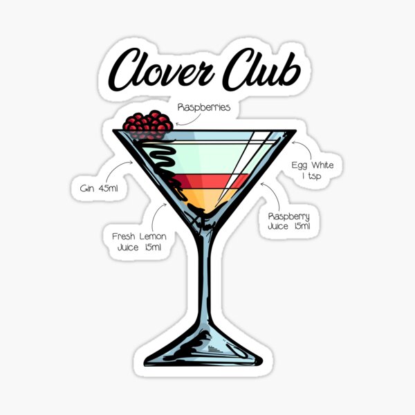 "Clover Club Cocktail Recipe" Sticker for Sale by HuckleberryArts ...