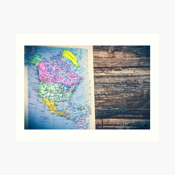 "retro atlas page map north america continent wooden vintage background ...