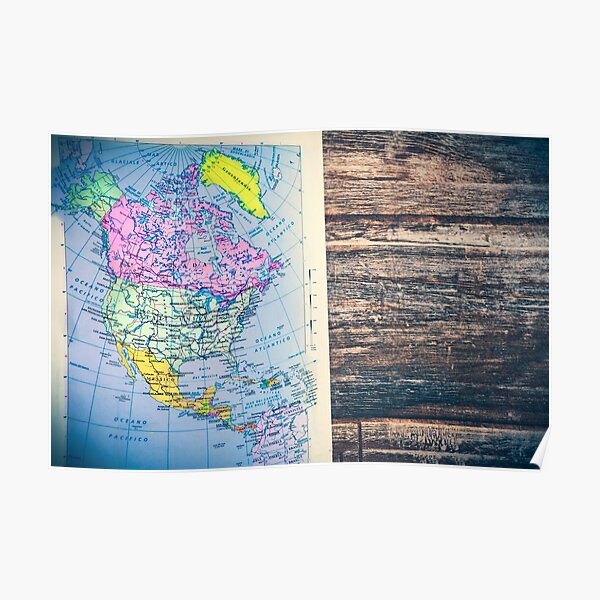 "retro atlas page map north america continent wooden vintage background ...