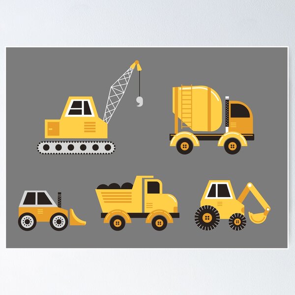 "Construction Trucks on Gray" Poster for Sale by latheandquill | Redbubble