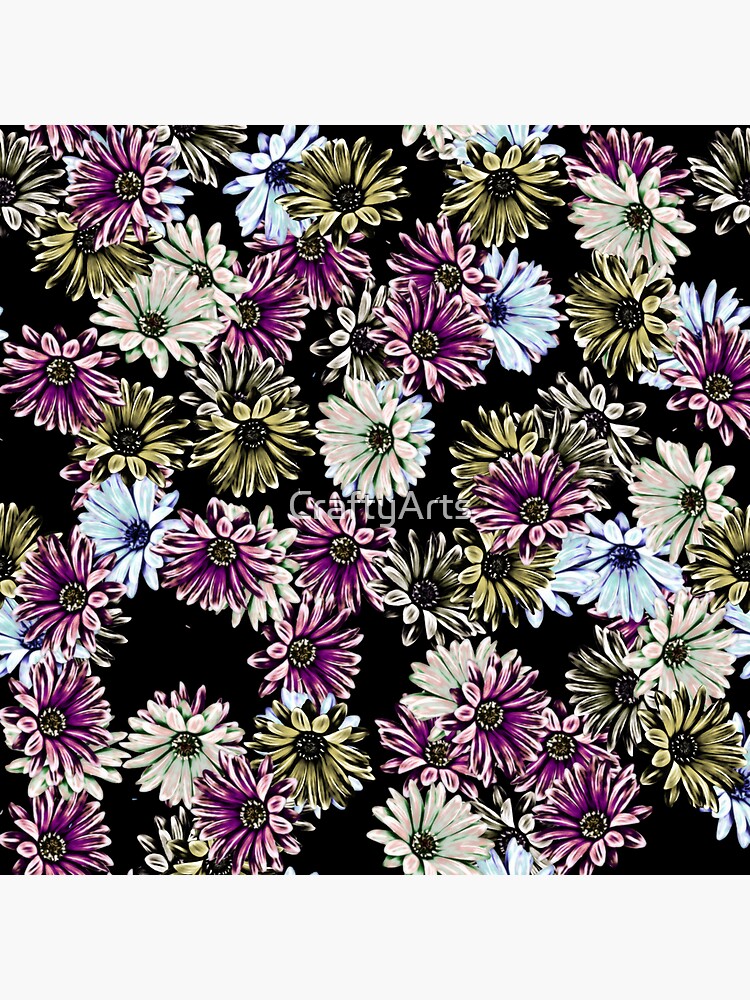 "Multi-colored daisy flower collage on black background" Sticker for ...