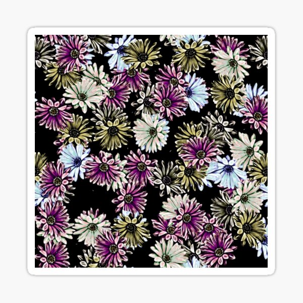 "Multi-colored daisy flower collage on black background" Sticker for ...