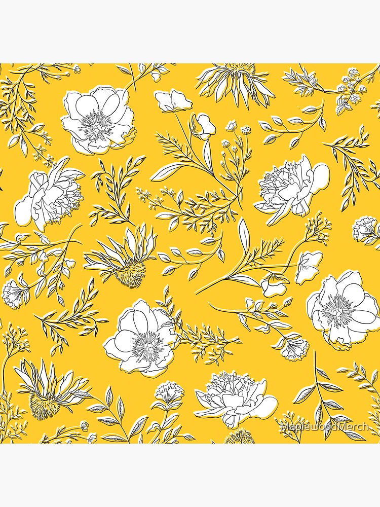 "Offset Line Drawing Floral Pattern, Marigold background" Sticker for ...