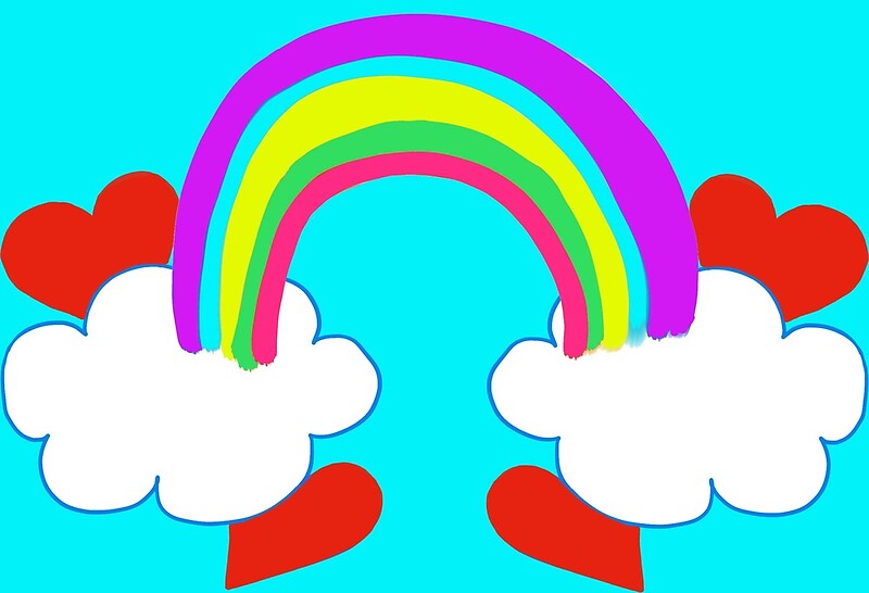 "Pastel Rainbow Bridge On Aqua with Red Love Hearts and White Clouds ...