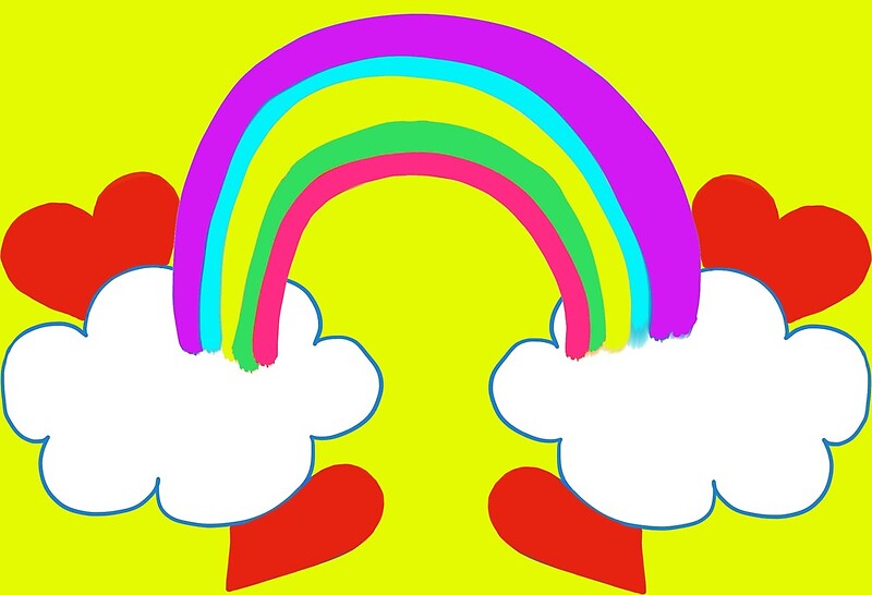 "Pastel Rainbow Bridge On Yellow with Red Love Hearts and White Clouds ...