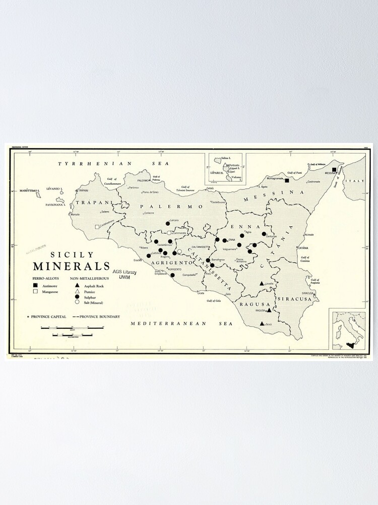 "Vintage Sicily Italy Mineral Map (1943)" Poster for Sale by ...