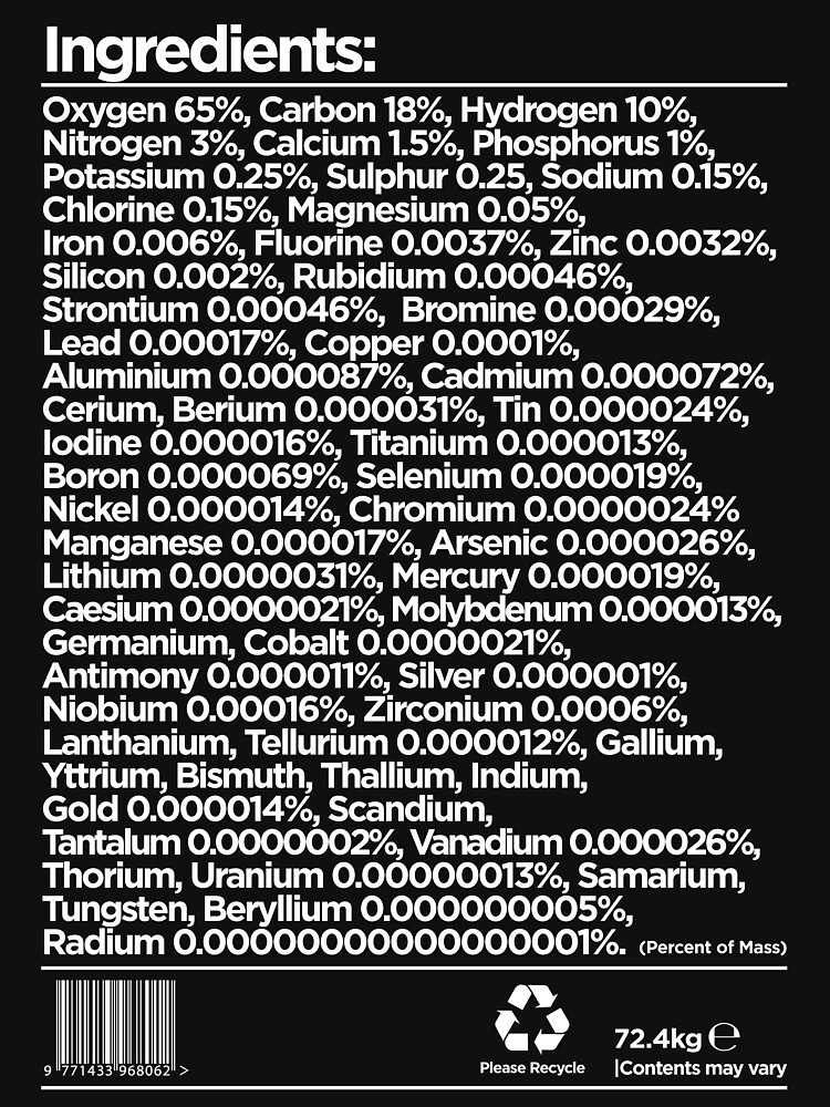 "Human Chemical Ingredients List" T-shirt for Sale by IndieWorks ...