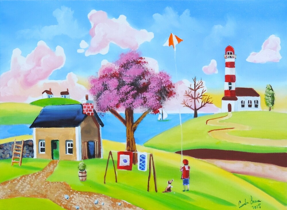 "Flying a kite naive landscape art" by GORDON BRUCE ART | Redbubble