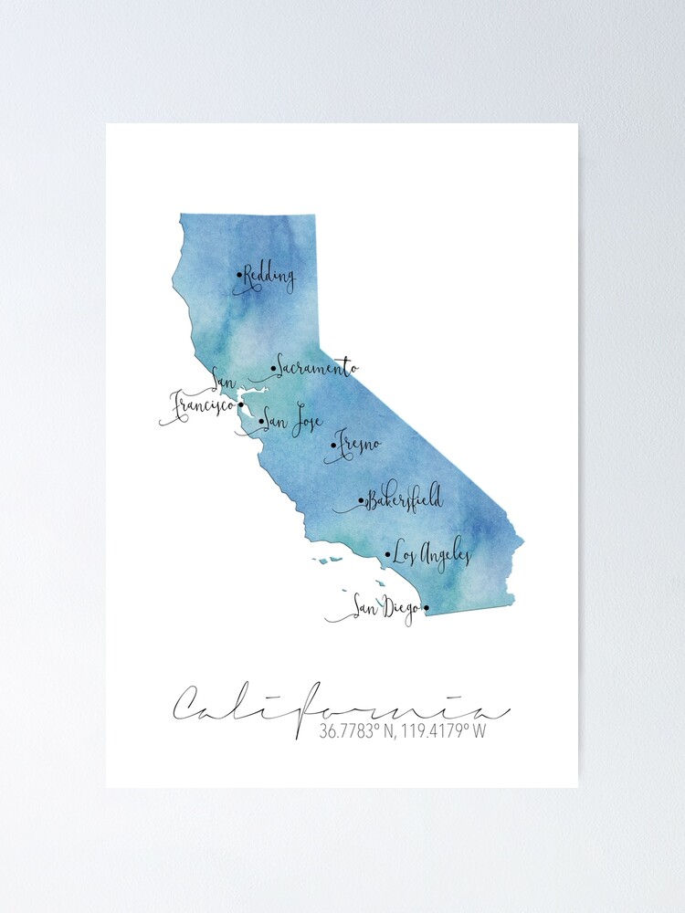 "Blue California Labelled Map" Poster by lolomastudio | Redbubble