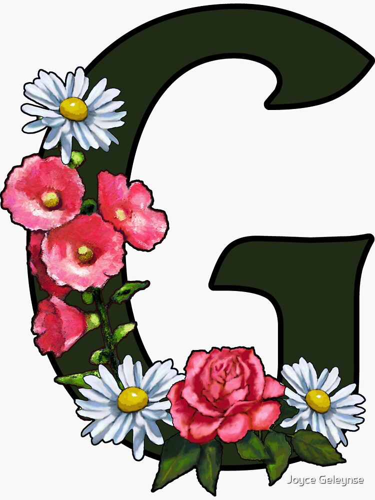 Pegatina «Letra G, inicial, monograma, alfabeto, rosa y flores blancas ...