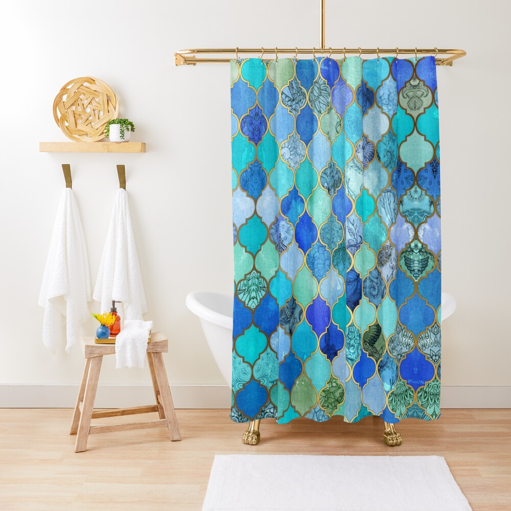 "Cobalt Blue, Aqua & Gold Decorative Moroccan Tile Pattern" Shower ...