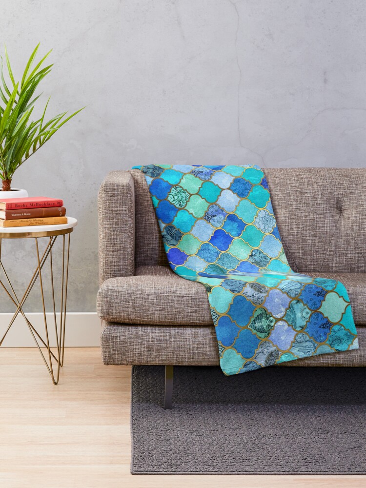 "Cobalt Blue, Aqua & Gold Decorative Moroccan Tile Pattern" Throw ...