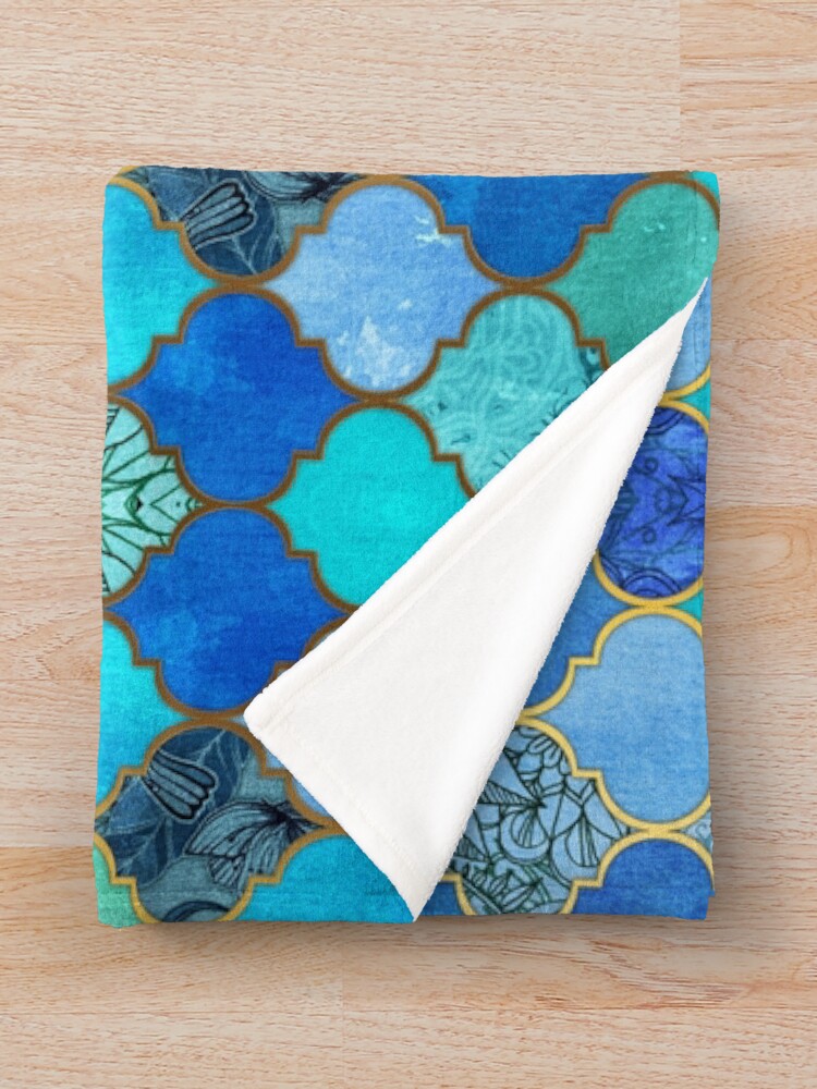 "Cobalt Blue, Aqua & Gold Decorative Moroccan Tile Pattern" Throw ...