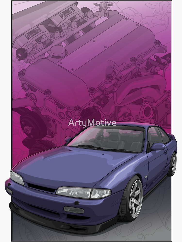 " 200sx/240sx S14 (zenki) illustration with sr20 background" Sticker by ...