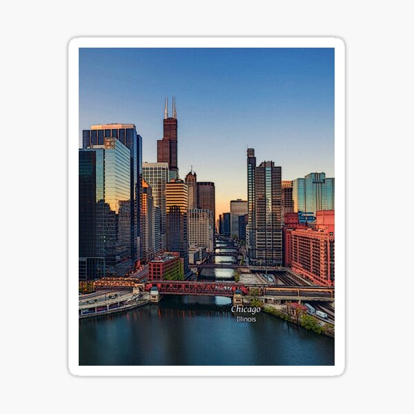 "Chicago, Illinois, US - Chicago Skyline & Chicago River " Sticker for ...