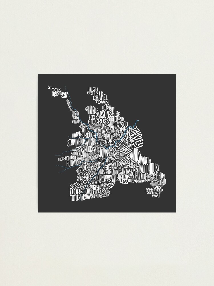"Sheffield suburb word map - CARDS, PRINTS, POSTERS. White text ...