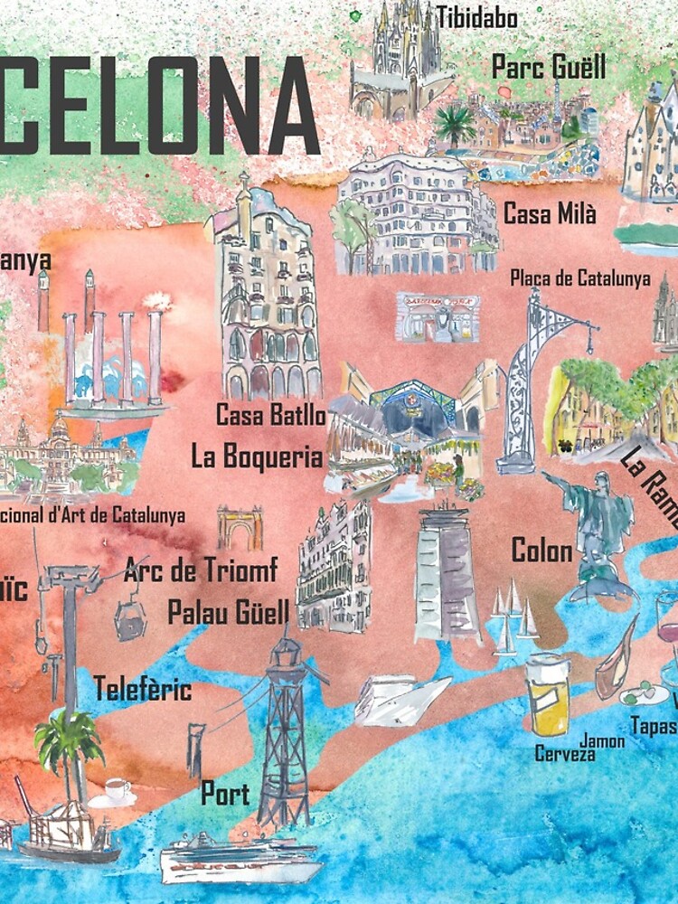 "Barcelona Catalonia Spain Illustrated travel poster Favorite Map ...