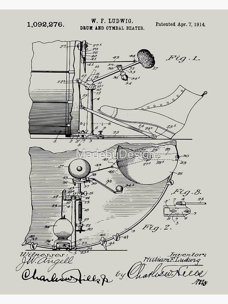 "Percussion Patent Art Bass Drum and Cymbal Beater 1914" Poster by ...