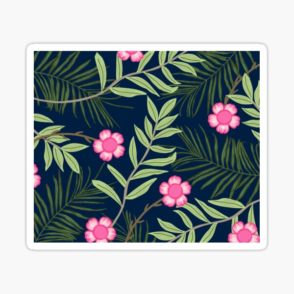 "Pink Flowers and Leaves Pattern on Midnight Blue " Sticker for Sale by ...